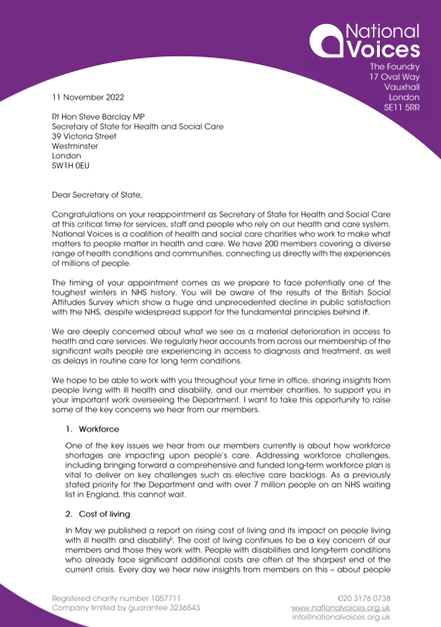Letter to the Secretary of State for Health and Social Care, as we ...