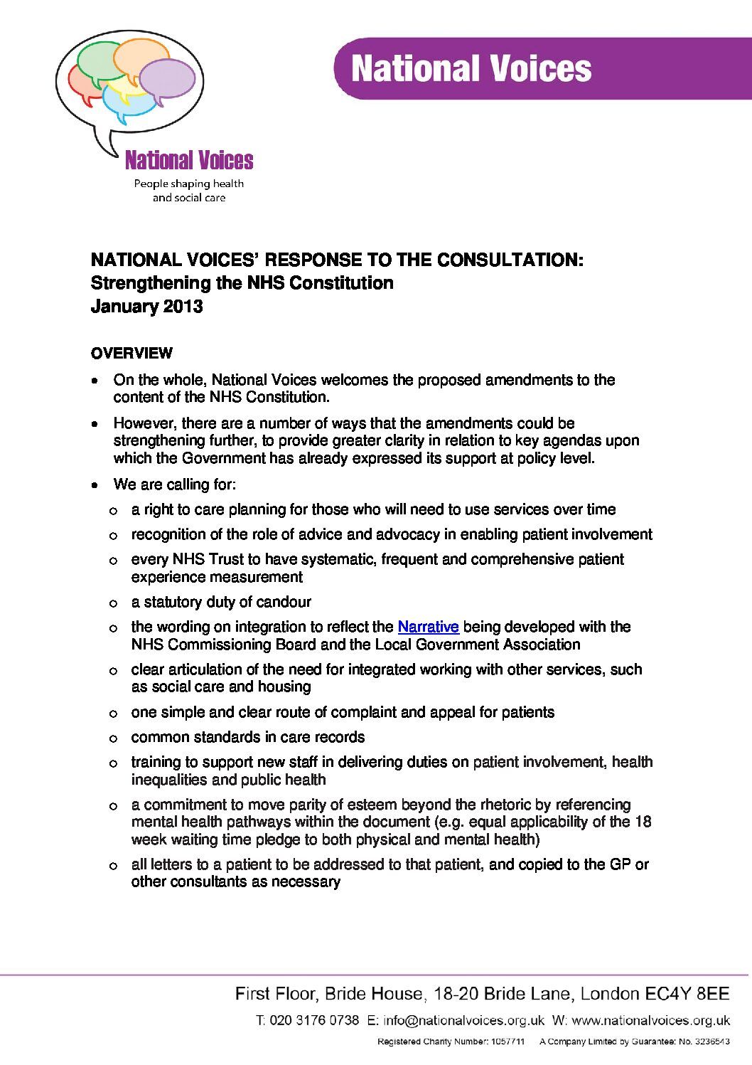 Submission to the Department of Health: Strengthening the NHS Constitution – National Voices